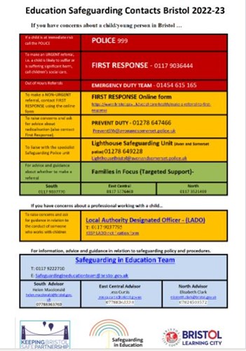 Local Bristol services to support safeguarding in education.